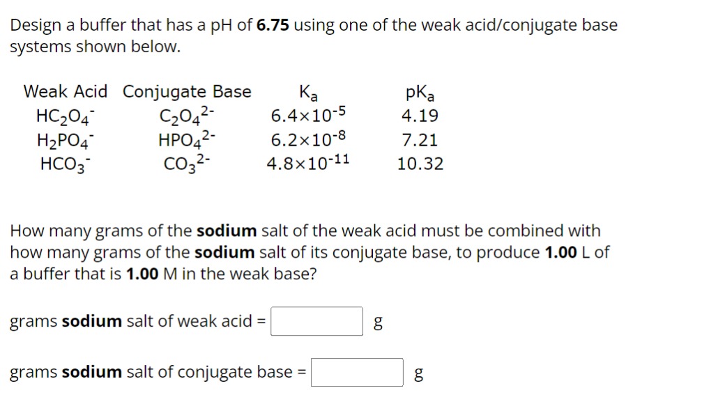 Solved Design a buffer that has a pH of 6.75 using one of | Chegg.com