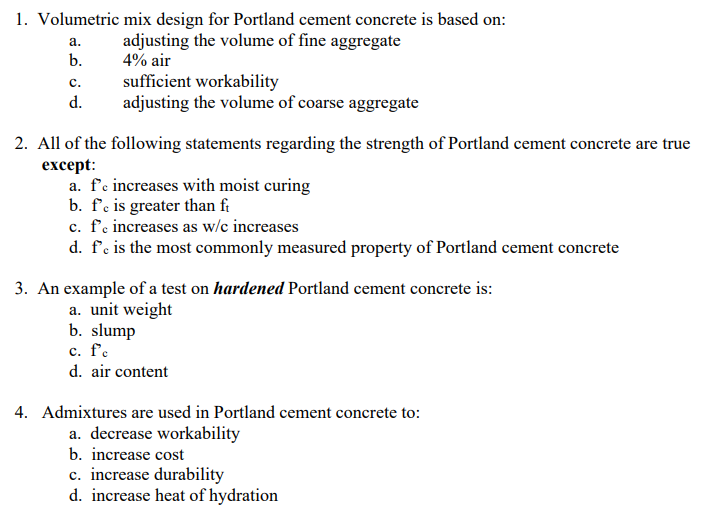 Solved 1. Volumetric mix design for Portland cement concrete | Chegg.com