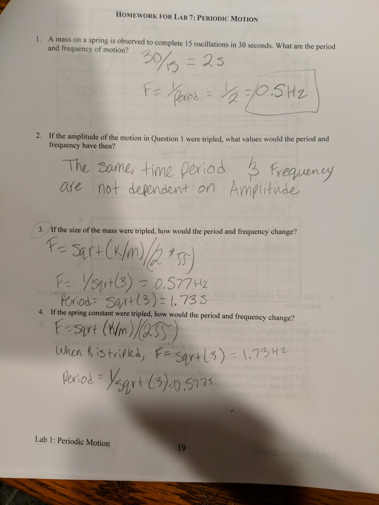 Solved HOMEWORK FOR LAB 7: PERIODIC MOTION 1. A mass on a | Chegg.com