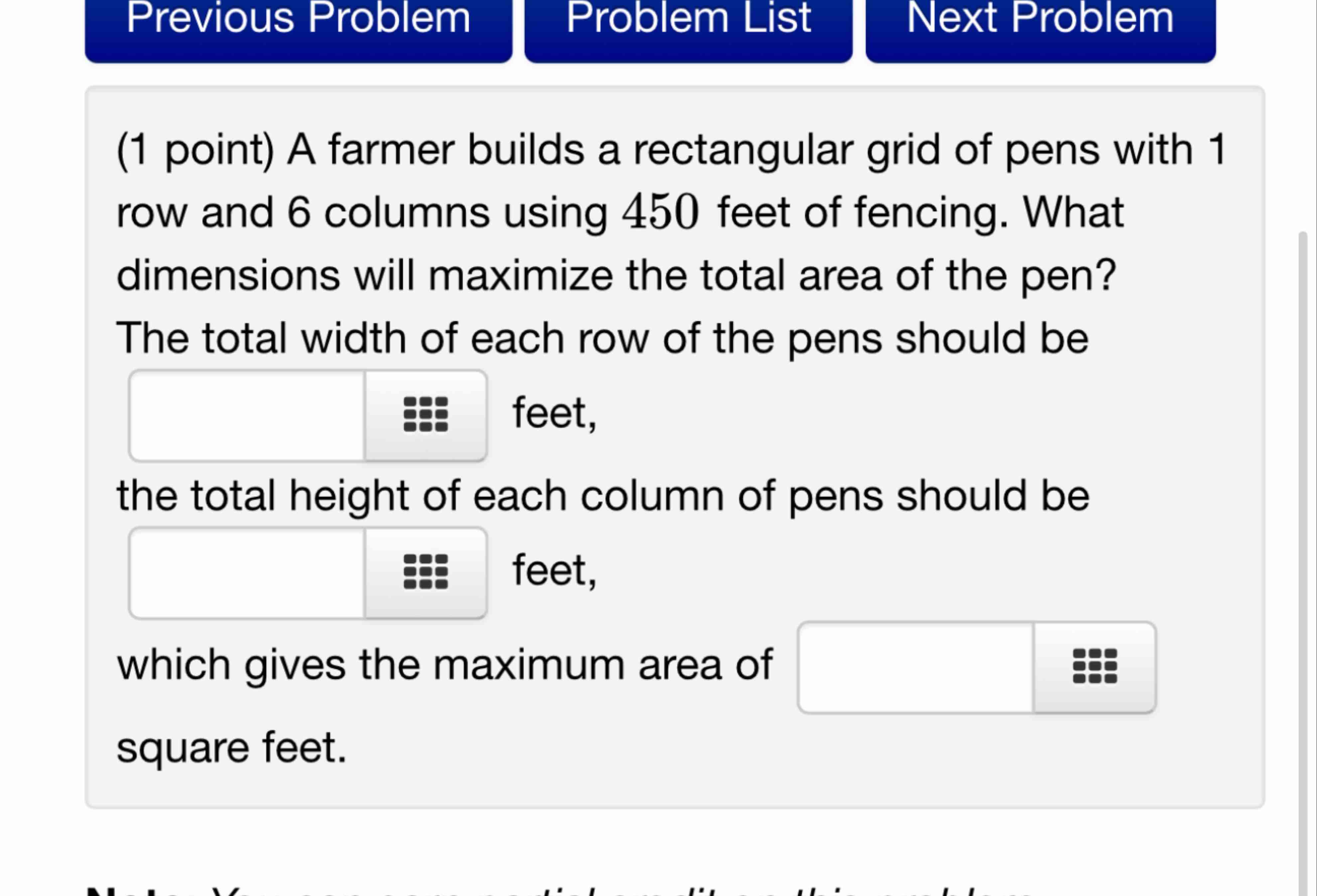 Solved (1 ﻿point) ﻿A farmer builds a rectangular grid of | Chegg.com
