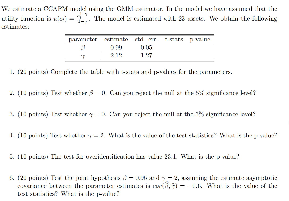 1- We estimate a CCAPM model using the GMM estimator. | Chegg.com