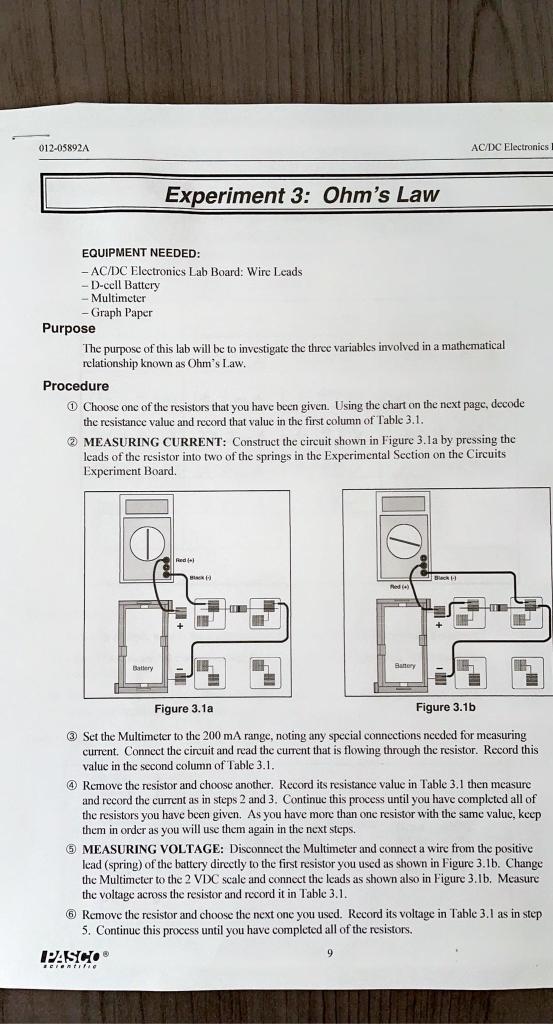 Solved 012-05892A AC/DC Electronics Experiment 3: Ohm's Law | Chegg.com
