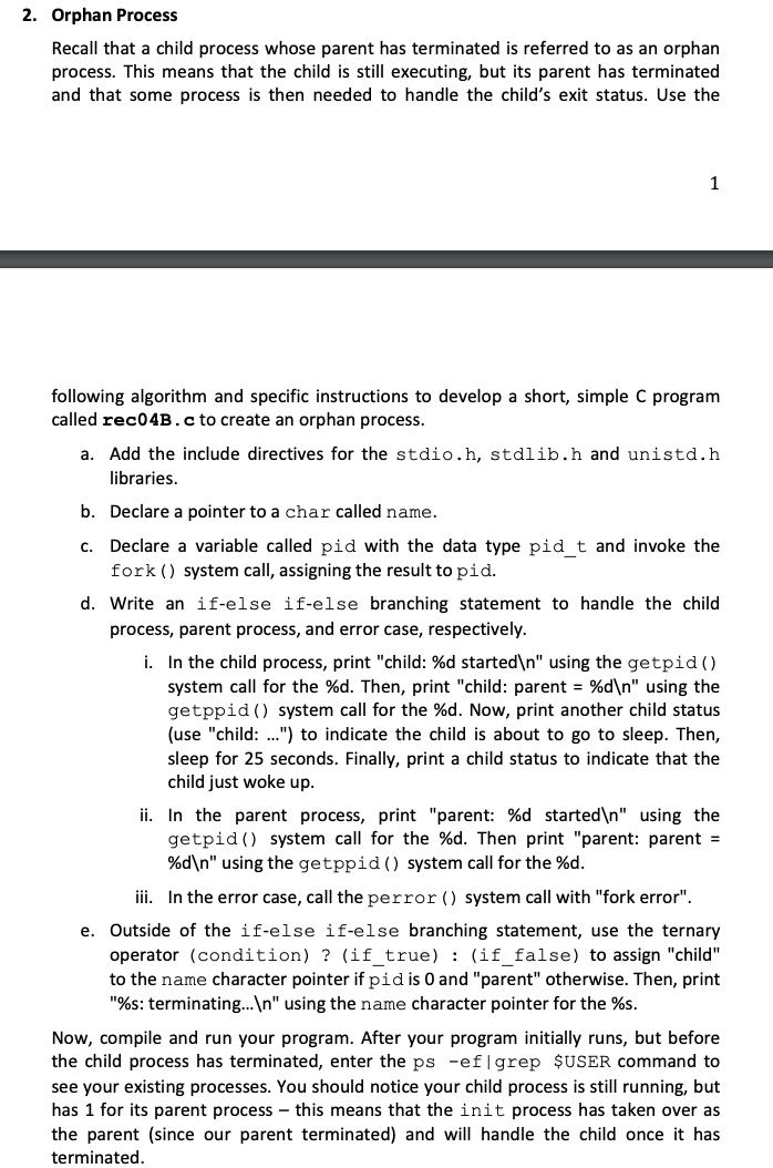 2. Orphan Process Recall that a child process whose | Chegg.com