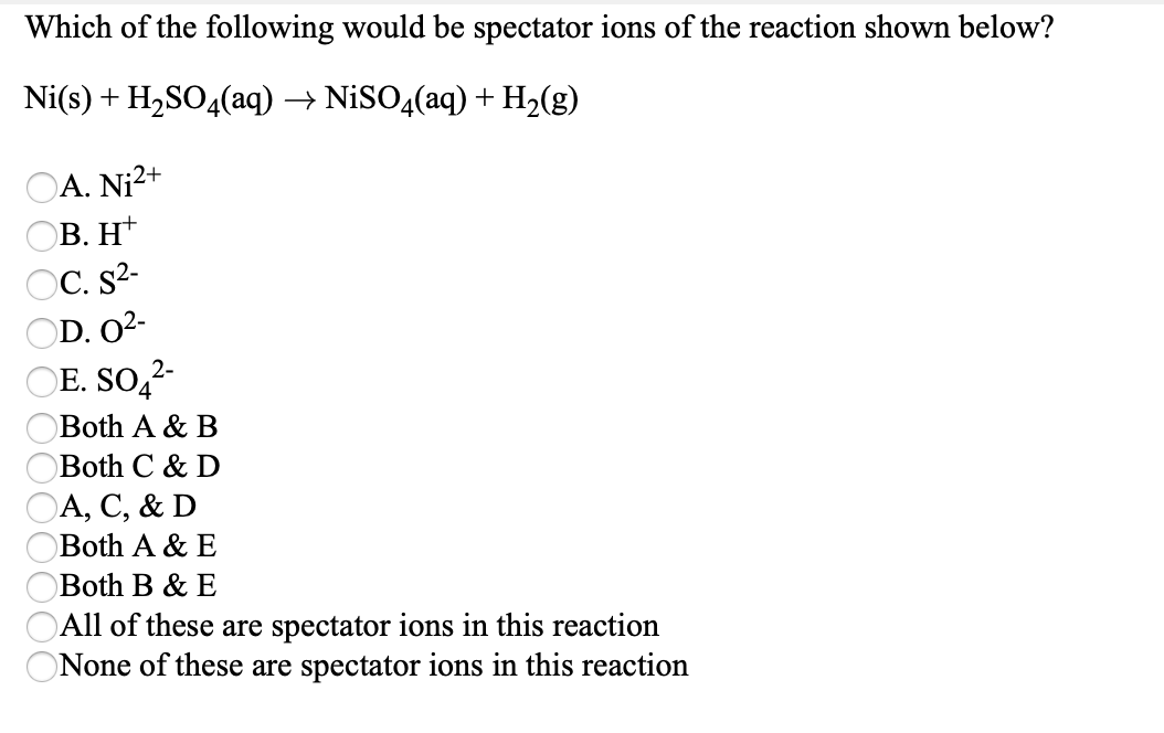 Solved Which of the following would be spectator ions of the | Chegg.com