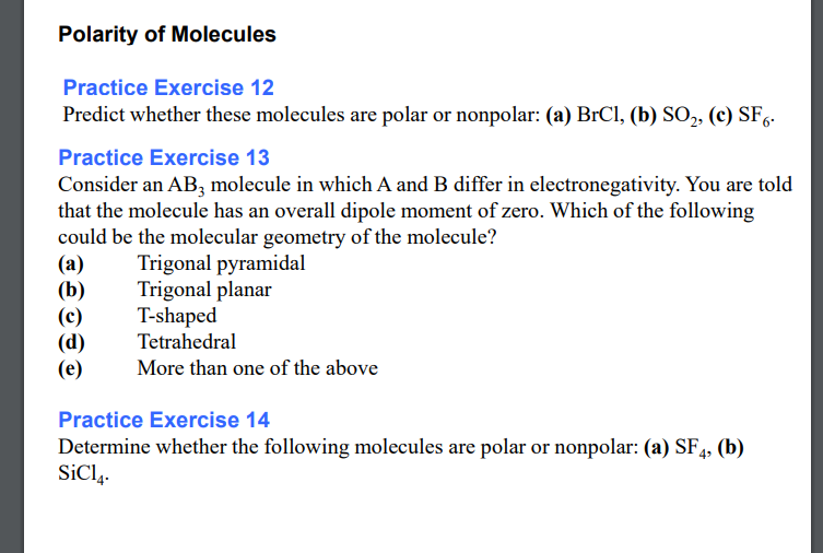 Solved Polarity of Molecules Practice Exercise 12 Predict | Chegg.com