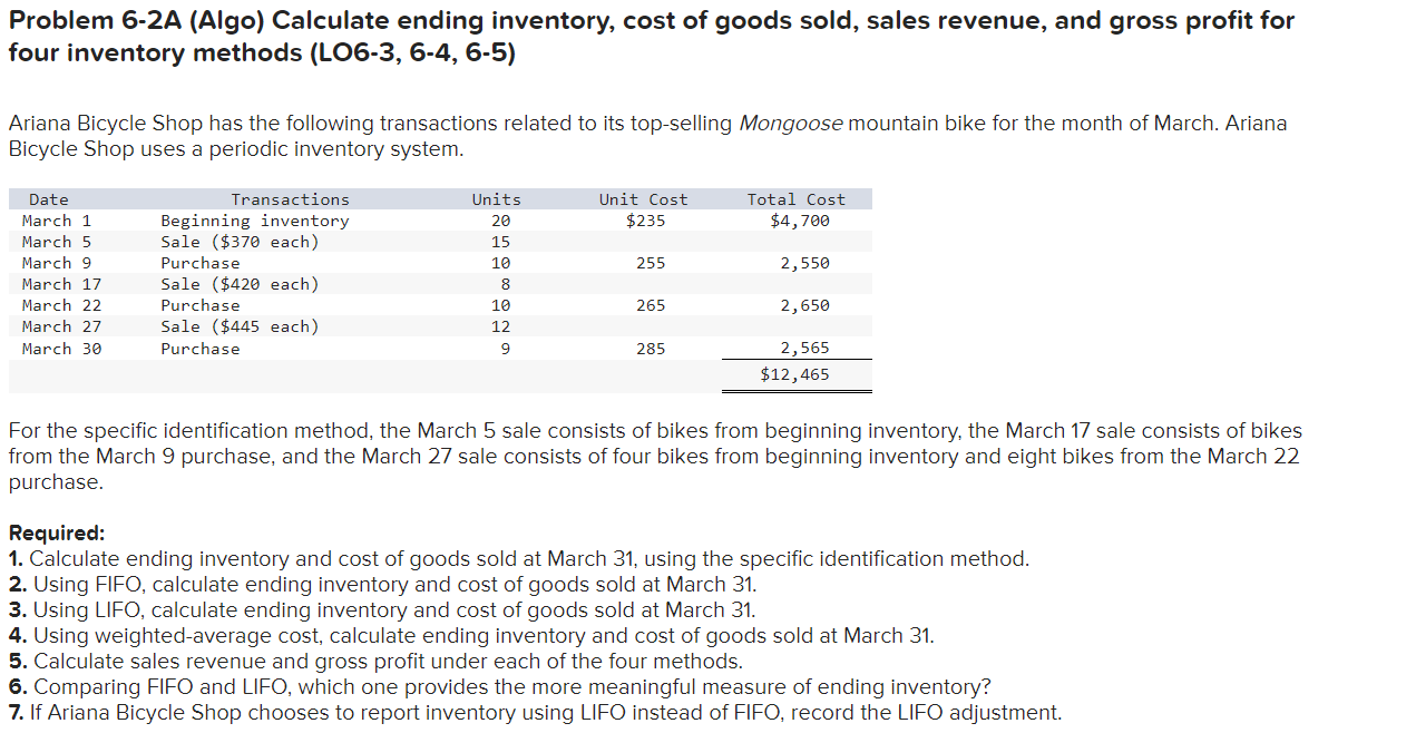 Solved Problem 6-2A (Algo) Calculate ending inventory, cost | Chegg.com