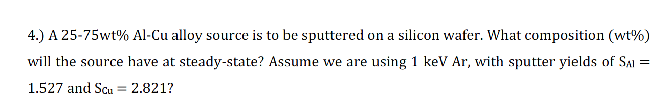 Solved 4.) A 25−75wt%Al−Cu alloy source is to be sputtered | Chegg.com