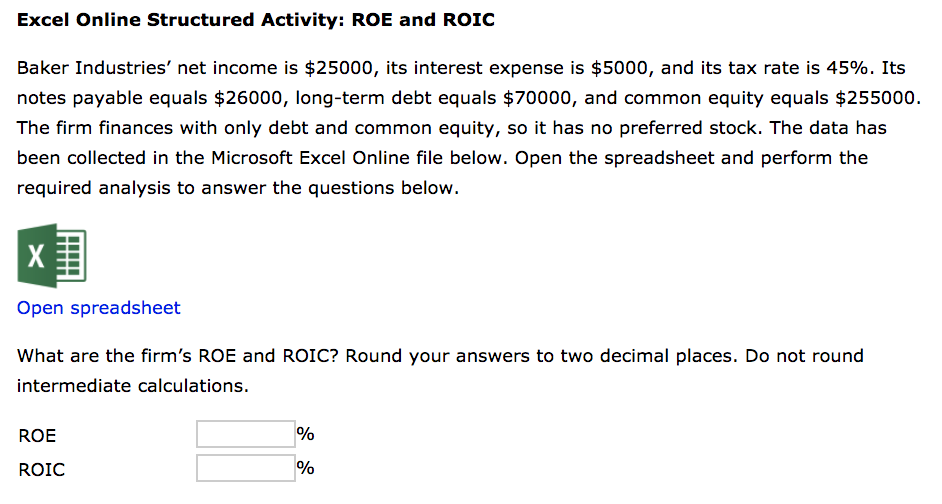 Solved Excel Online Structured Activity: ROE and ROIC Baker | Chegg.com