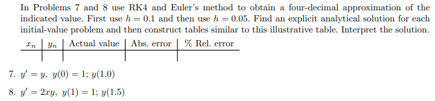 Solved In Problems 7 and 8 use RK4 and Euler's method to | Chegg.com
