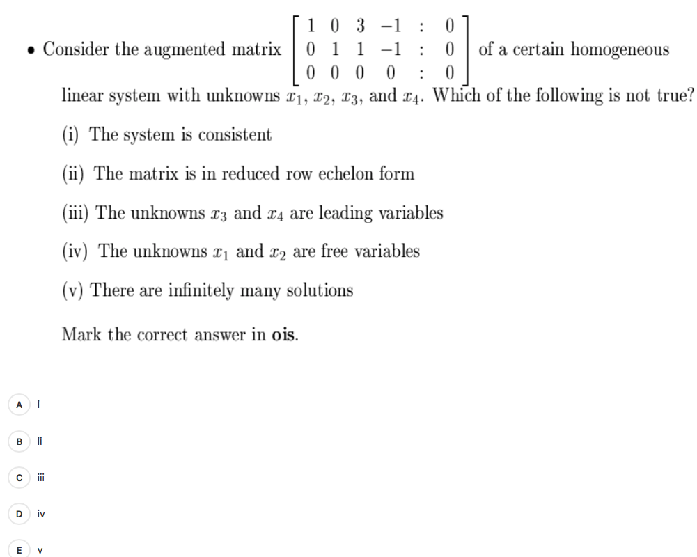 Solved : : 1 0 3 -1 0 • Consider the augmented matrix 0 1 1 | Chegg.com