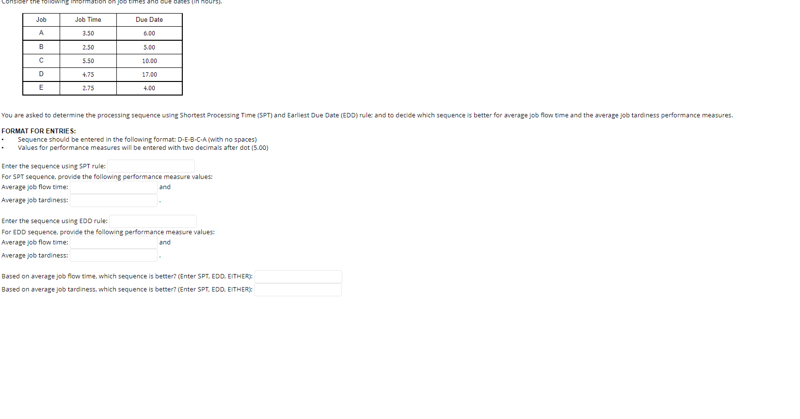 Solved Consider The Following Information On Job Times And