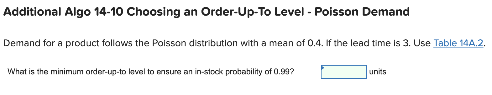 Solved Additional Algo 14-10 Choosing an Order-Up-To Level - | Chegg.com