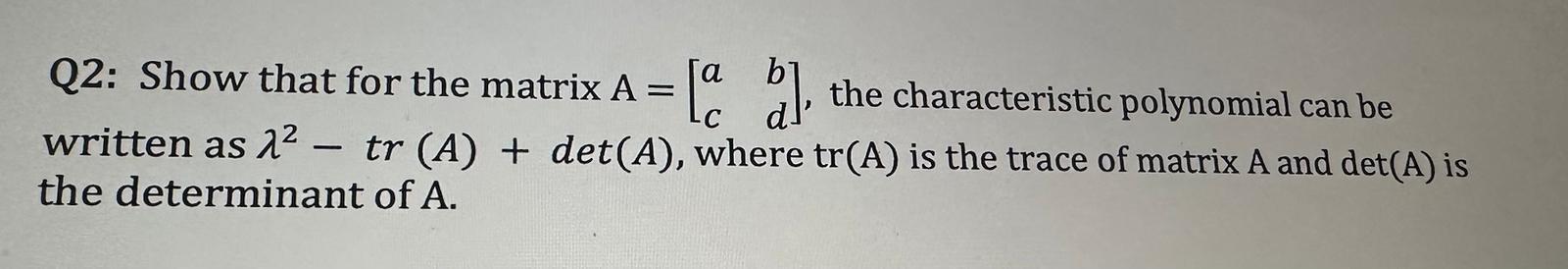 Solved Q2: Show that for the matrix A=[acbd], the | Chegg.com