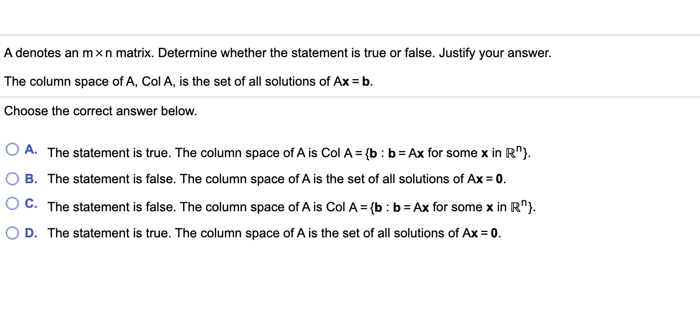 Solved A denotes an mxn matrix. Determine whether the | Chegg.com