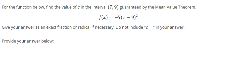 Solved For the function below, find the value of c in the | Chegg.com