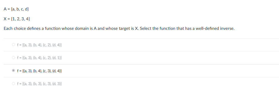 Solved A={a,b,c,d}X={1,2,3,4} Each choice defines a function | Chegg.com
