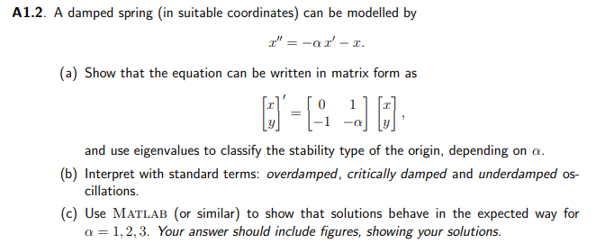 Solved A1.2. A damped spring (in suitable coordinates) can | Chegg.com