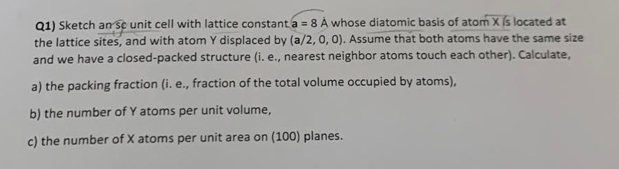 Solved Q1) Sketch an sc unit cell with lattice constant a=8 | Chegg.com