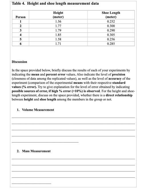 Table 4. Height and shoe length measurement data | Chegg.com