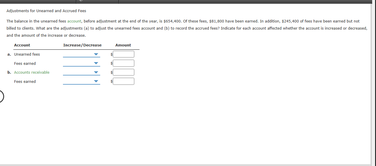 Solved Adjustments for Unearned and Accrued Fees The balance | Chegg.com