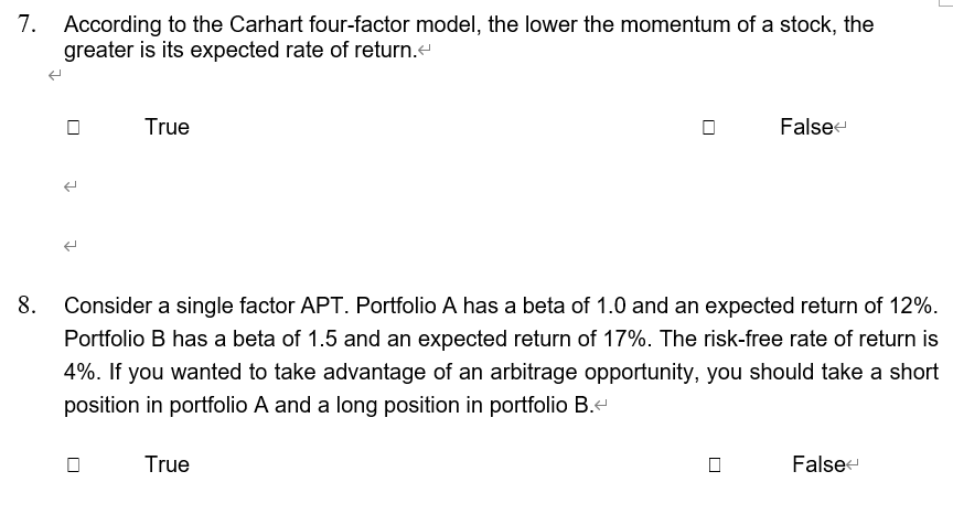 Solved 7. According to the Carhart four-factor model, the | Chegg.com