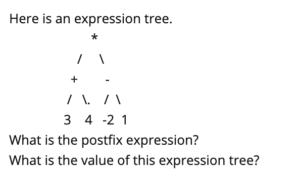 Solved Here is an expression tree. * / + 17 3 4 -2 1 What is | Chegg.com