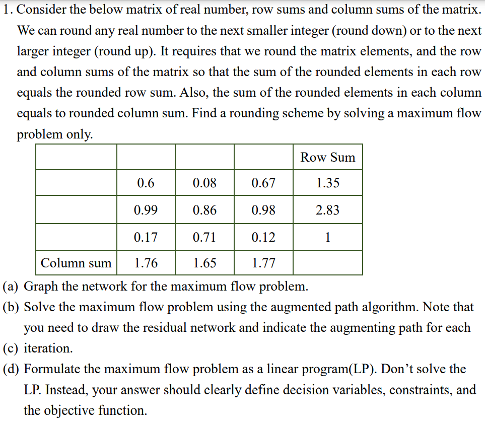 Solved 1 Consider The Below Matrix Of Real Number Row Sums