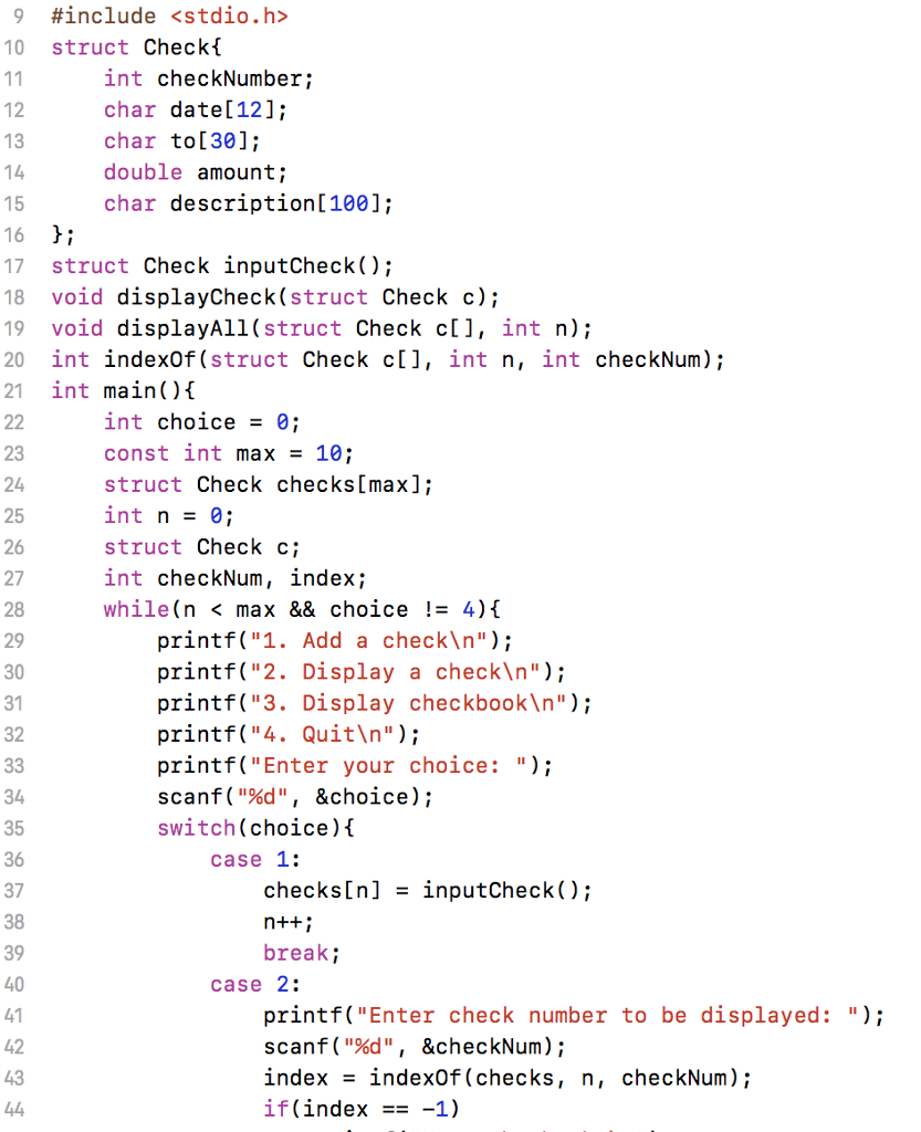 Solved Alter the Checkbook program from Assignment 5 using C | Chegg.com