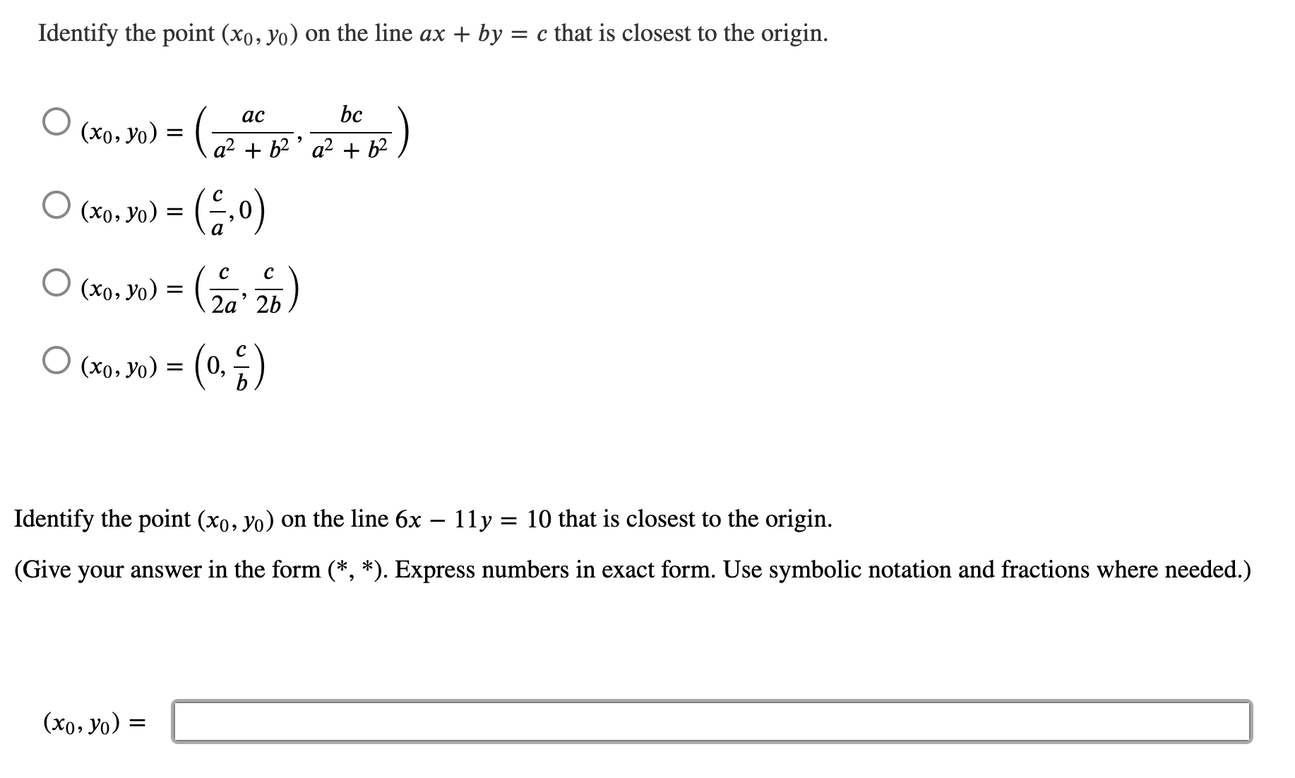 Solved Identify the point (x0,y0) on the line ax+by=c that | Chegg.com