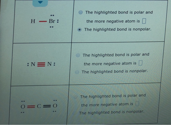 Solved The highlighted bond is polar and the more negative | Chegg.com
