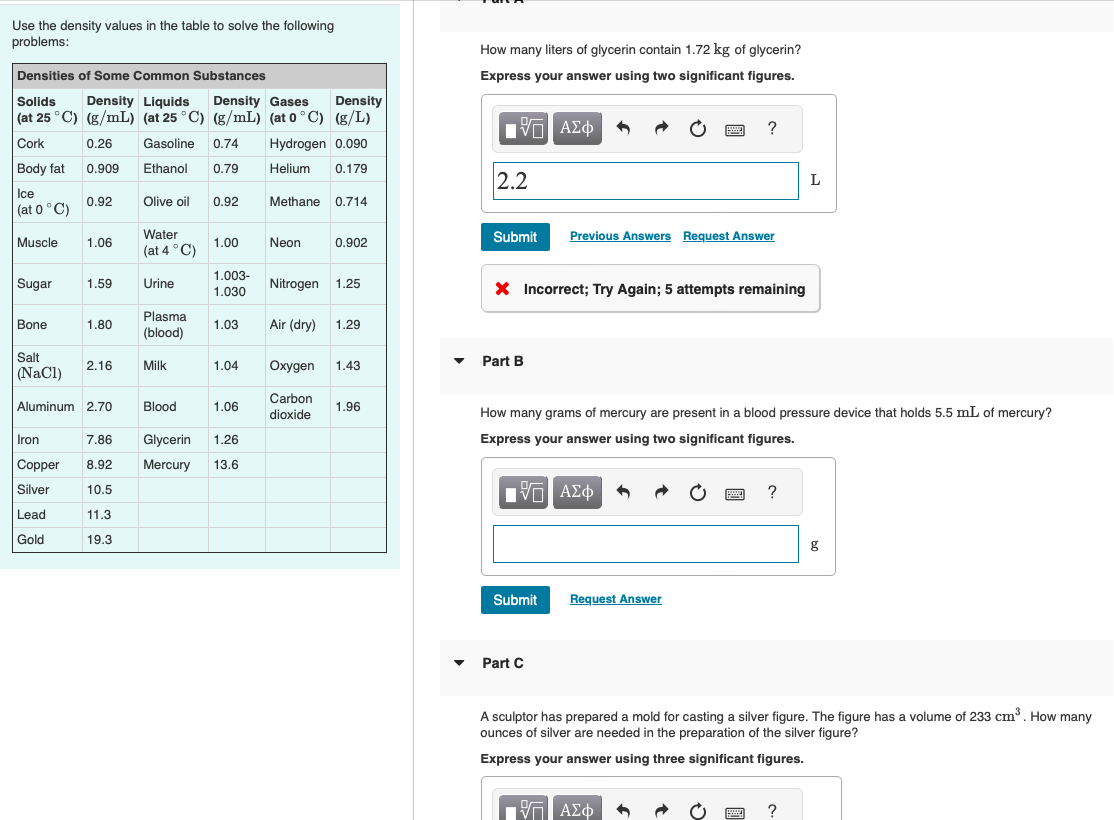 Solved Use the density values in the table to solve the | Chegg.com