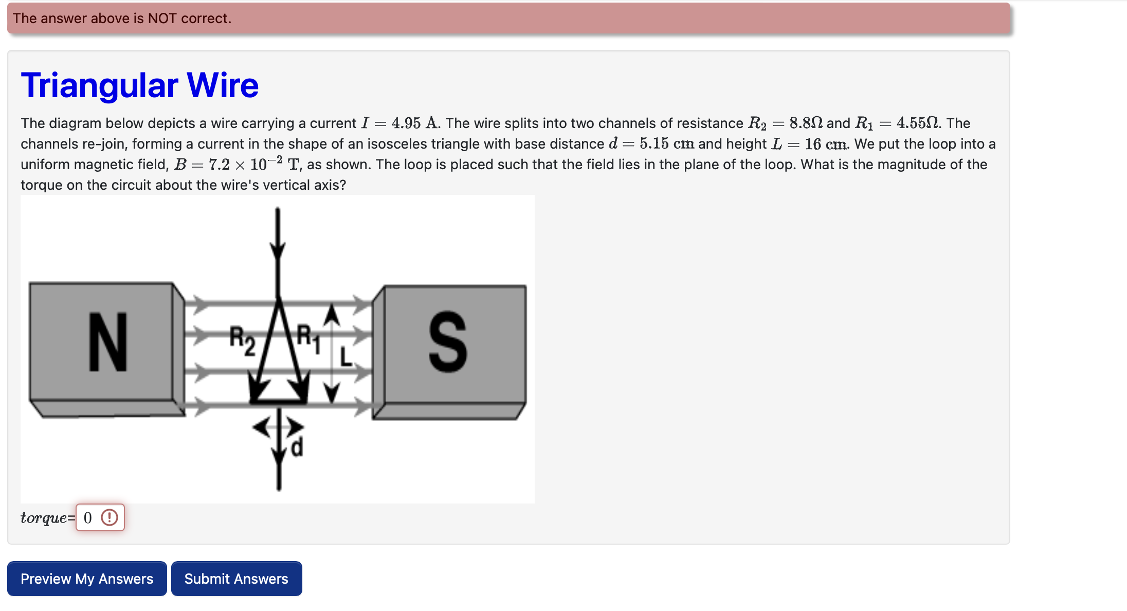 Solved The answer above is NOT correct.Triangular WireThe | Chegg.com
