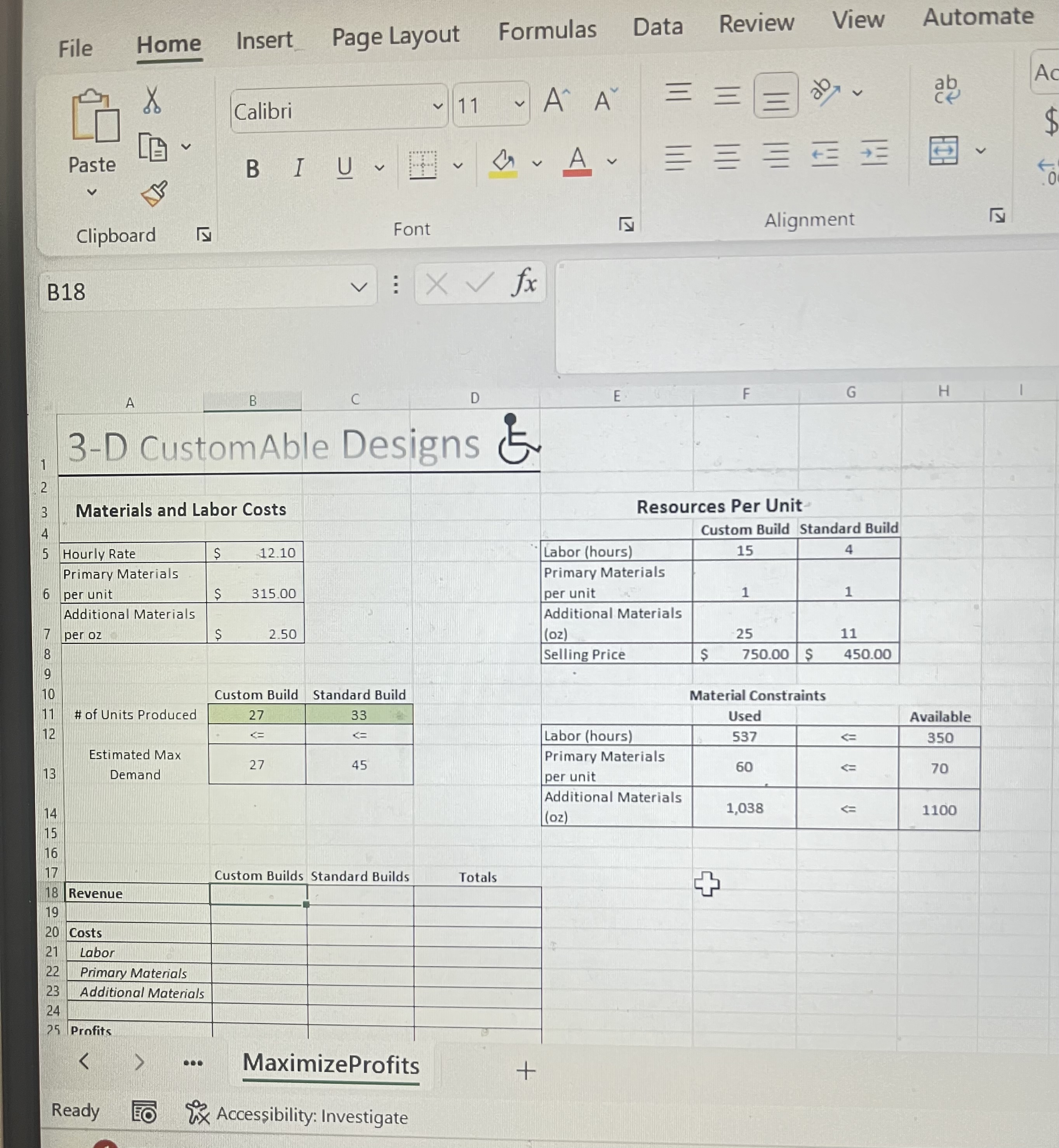 3-D CustomAble Designs Materials and Labor Costs | Chegg.com
