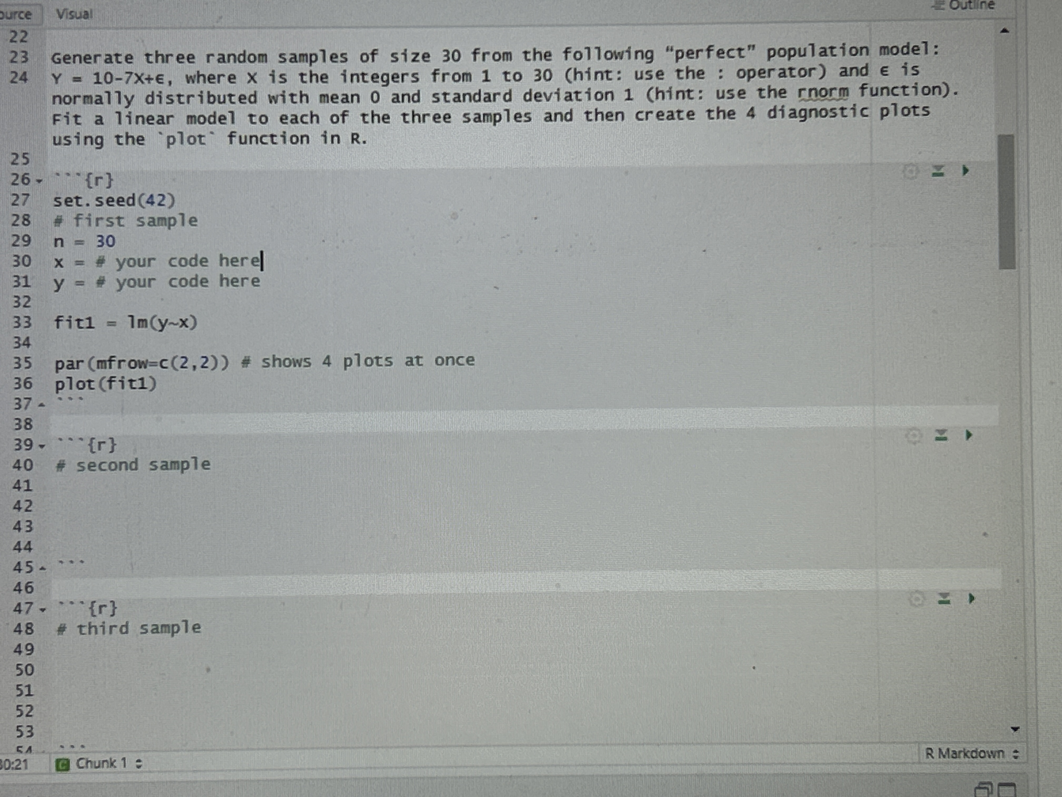 Solved 23 Generate three random samples of size 30 from the | Chegg.com