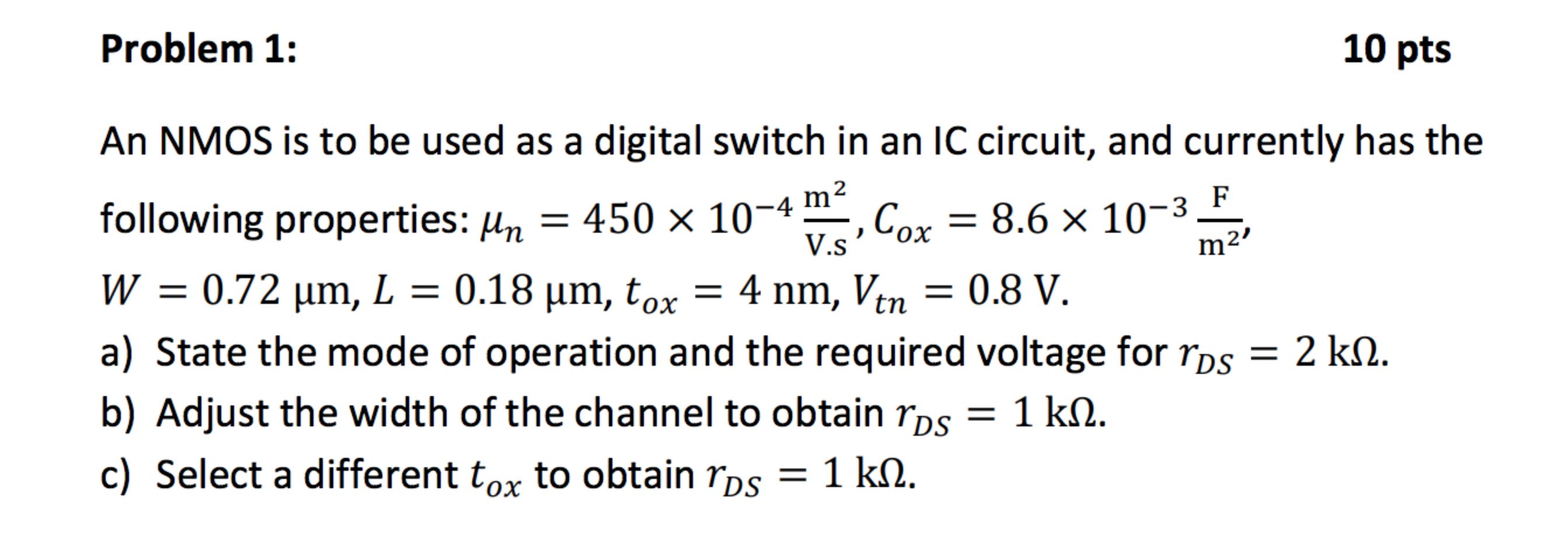 Solved Problem 1:An NMOS is to be used as a digital switch | Chegg.com