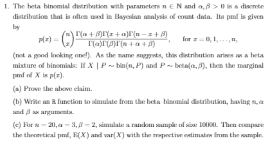 Solved () "+a+8 1. The beta binomial distribution with | Chegg.com
