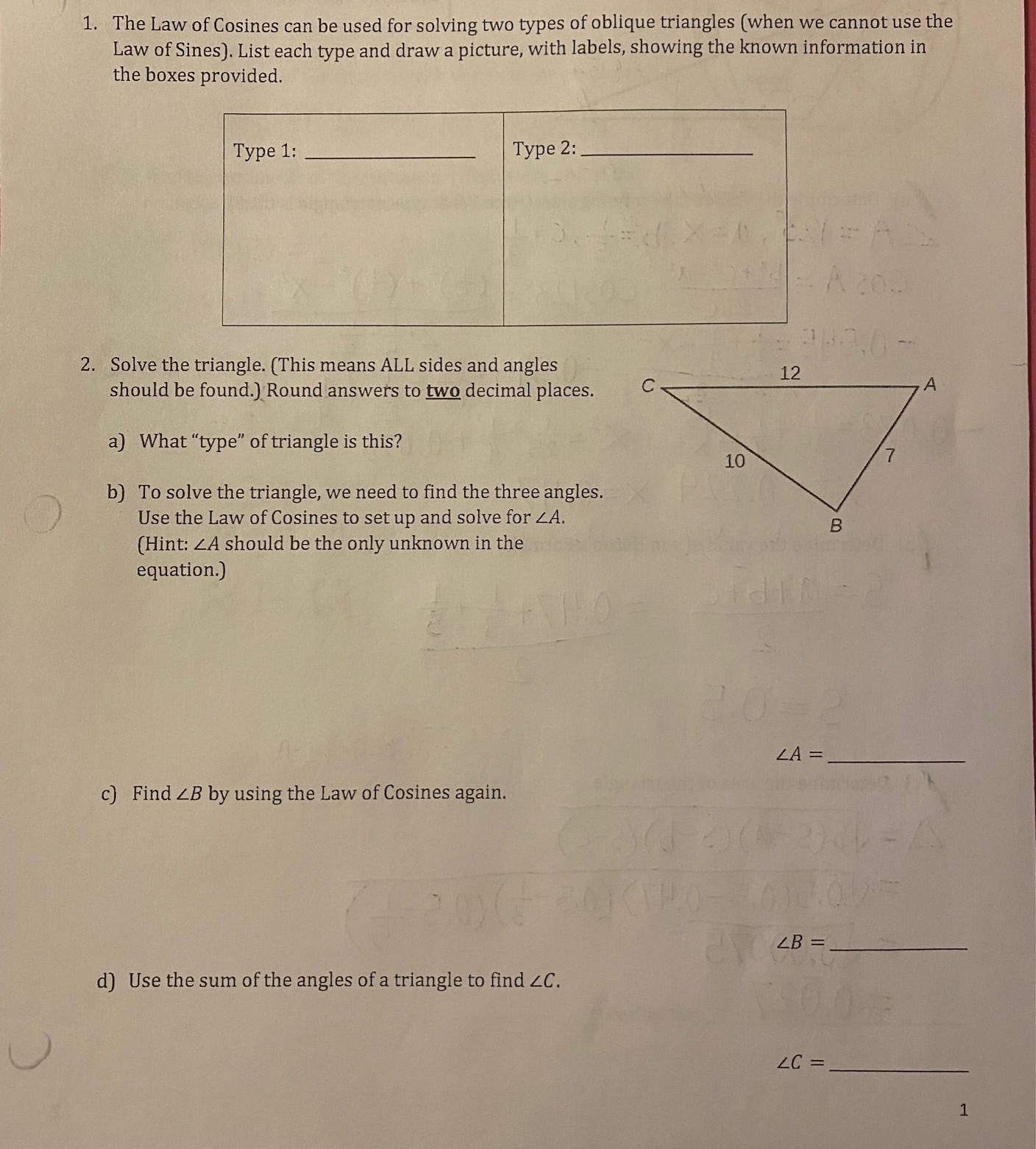 Solved The Law of Cosines can be used for solving two types | Chegg.com