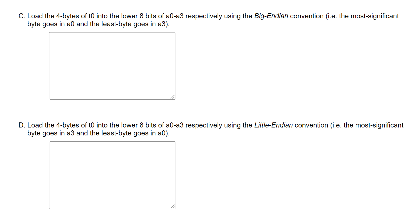 C. Load the 4-bytes of t0 into the lower 8 bits of | Chegg.com
