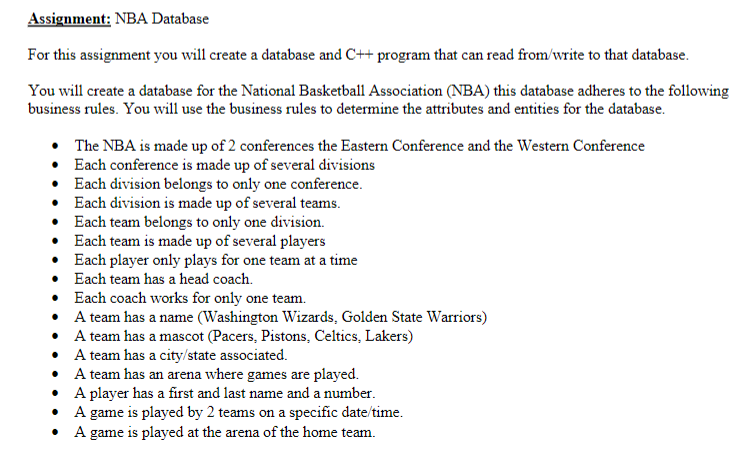 Solved Assignment: NBA Database For this assignment you will | Chegg.com