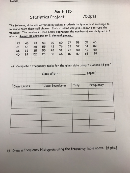 Solved Name Math 115 Statistics Project /50pts The following | Chegg.com
