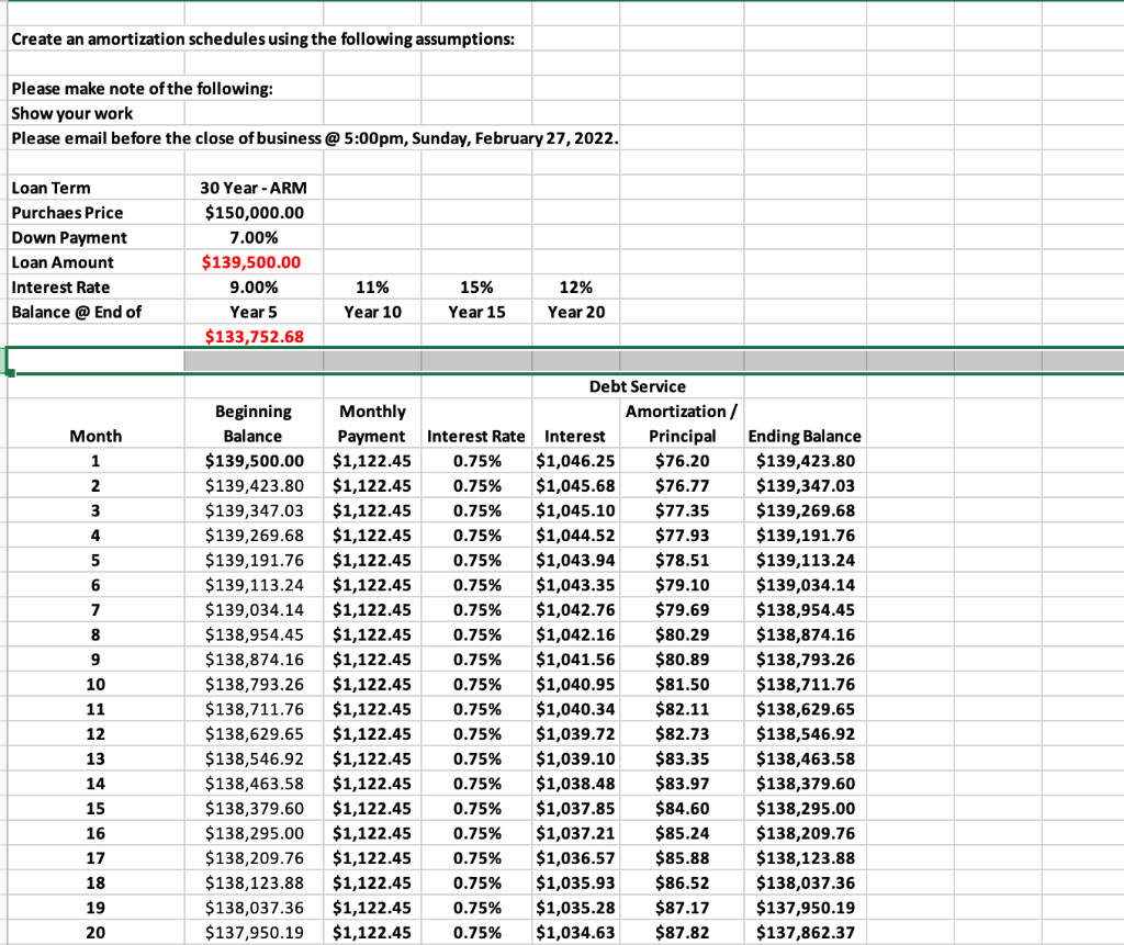 Solved Create an amortization schedules using the following | Chegg.com