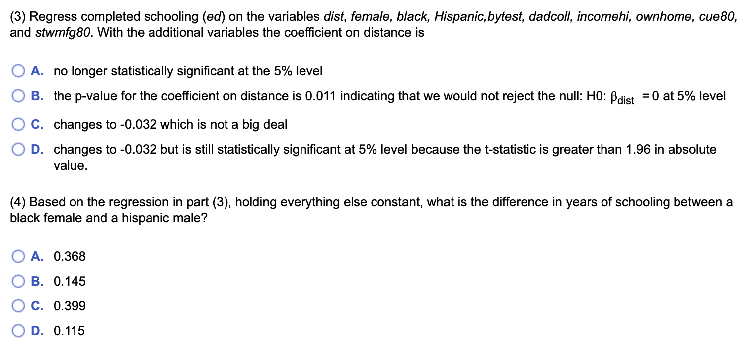 Solved Using the Excel data set, College Distance, described | Chegg.com