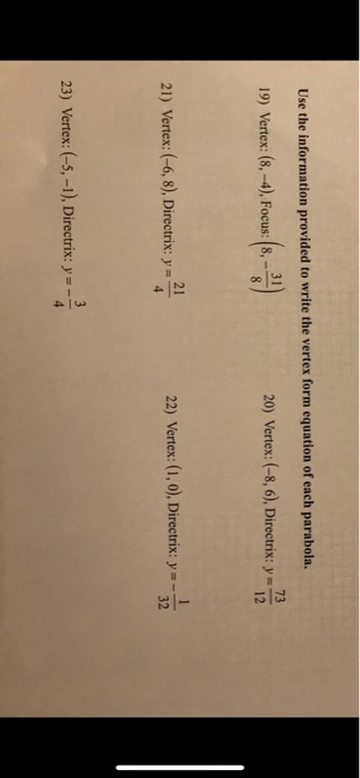 Solved Use the information provided to write the vertex form | Chegg.com