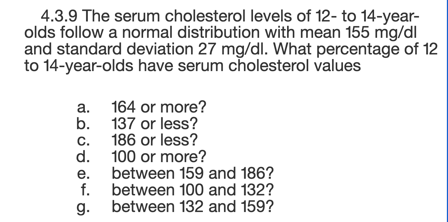 Solved 4.3.9 The serum cholesterol levels of 12- to 14-year- | Chegg.com