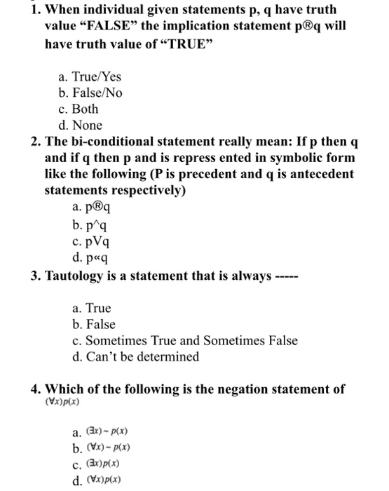 Solved 1. When individual given statements p, q have truth | Chegg.com
