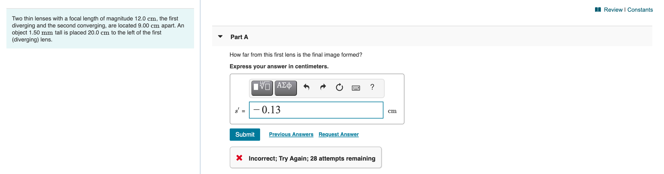 Solved A Review | Constants Two thin lenses with a focal | Chegg.com