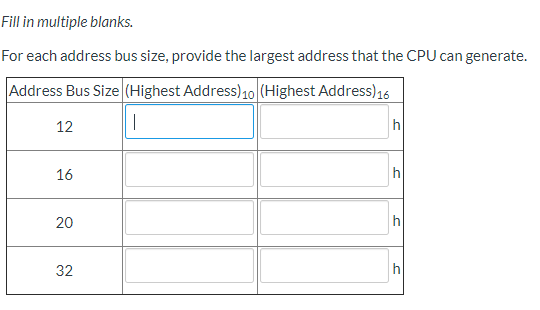 Solved Fill in multiple blanks. For each address bus size, | Chegg.com