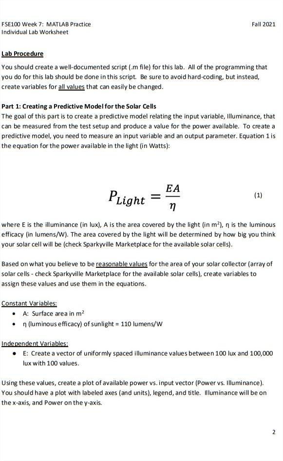Fall 2021 FSE100 Week 7: MATLAB Practice Individual | Chegg.com