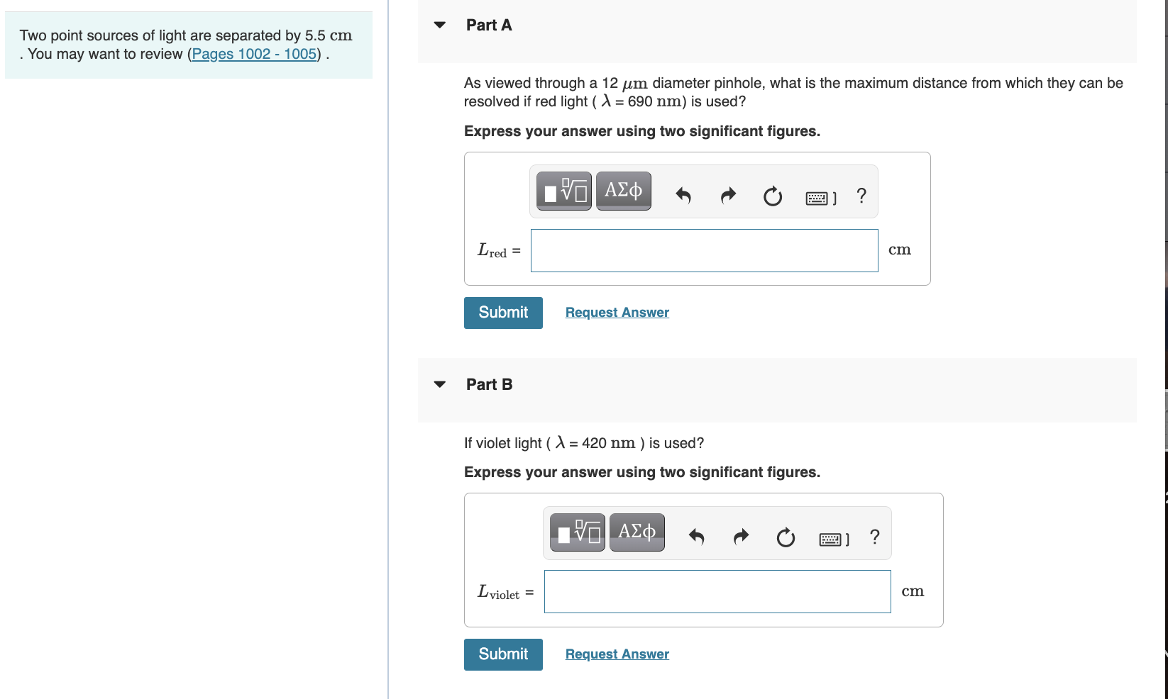 Solved Two point sources of light are separated by 5.5 cm | Chegg.com