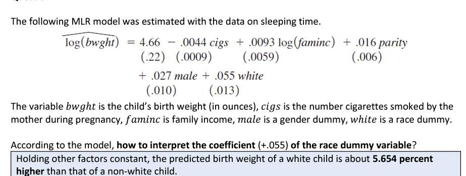 Solved The following MLR model was estimated with the data | Chegg.com